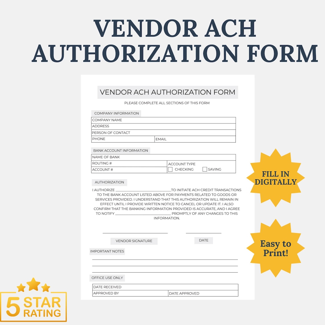 Vendor ACH Authorization Form | Fillable PDF & Printable Template ...