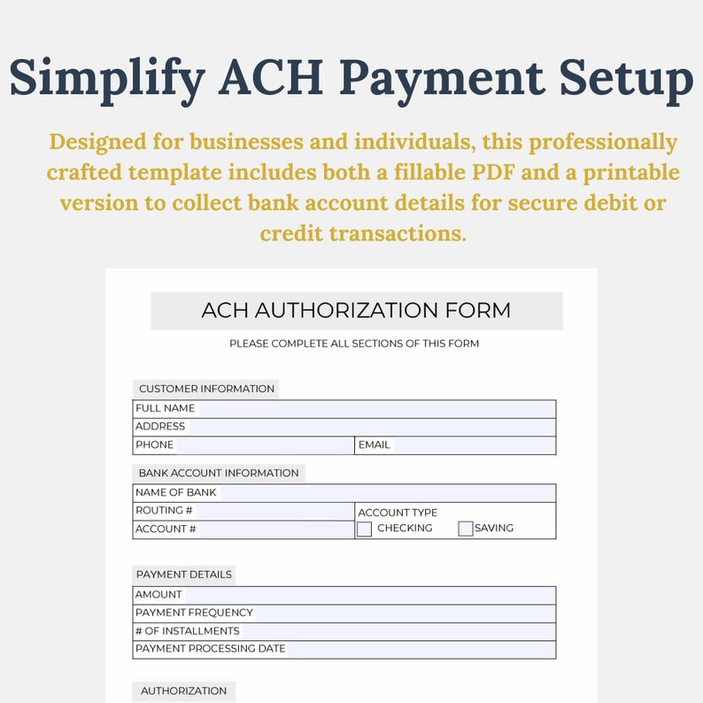 ACH Authorization Form | Fillable PDF & Printable Template | Secure ...
