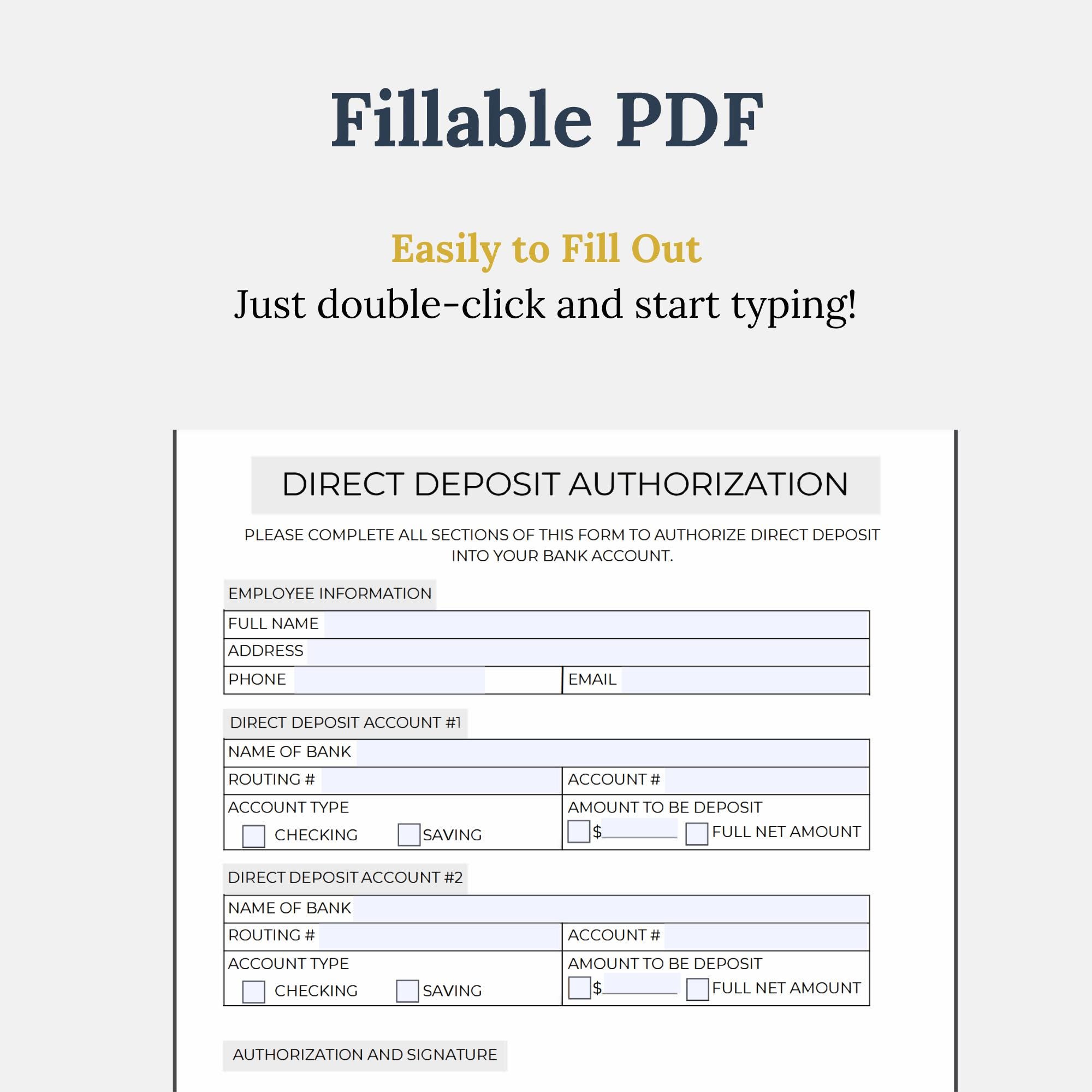 Direct Deposit Authorization Form | Fillable PDF and Printable Template ...