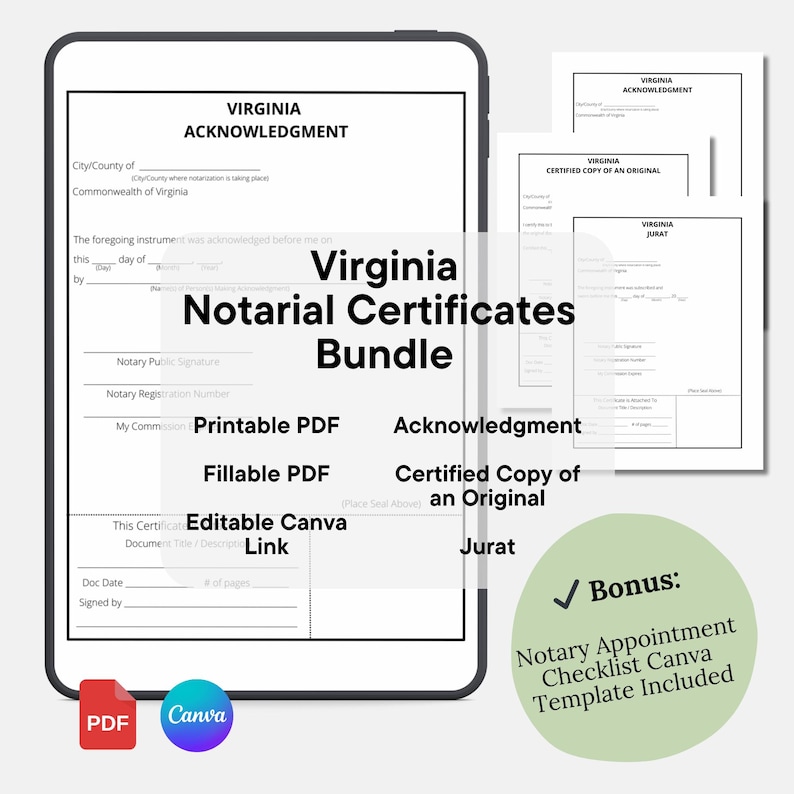 Virginia Notarial Certificate Template - Fillable PDF & Canva Editable ...
