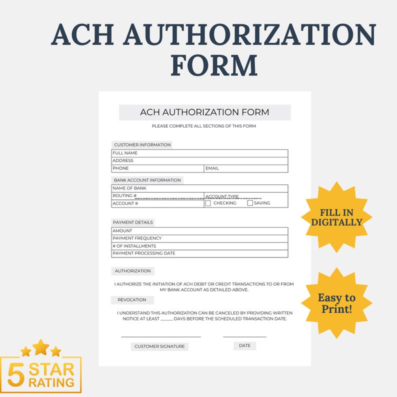 ACH Authorization Form | Fillable PDF & Printable Template | Secure ...