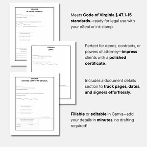 Virginia Notarial Certificate Template - Fillable PDF & Canva Editable ...