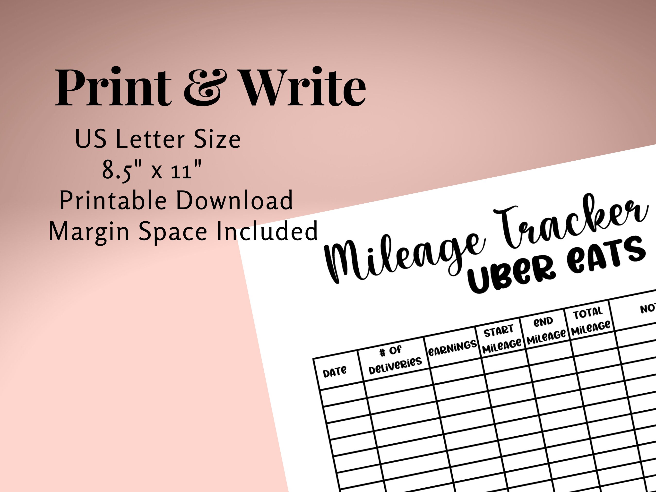 Uber Eats Mileage Tracker Printable, Log Book Planner Taxes, Gig Apps ...