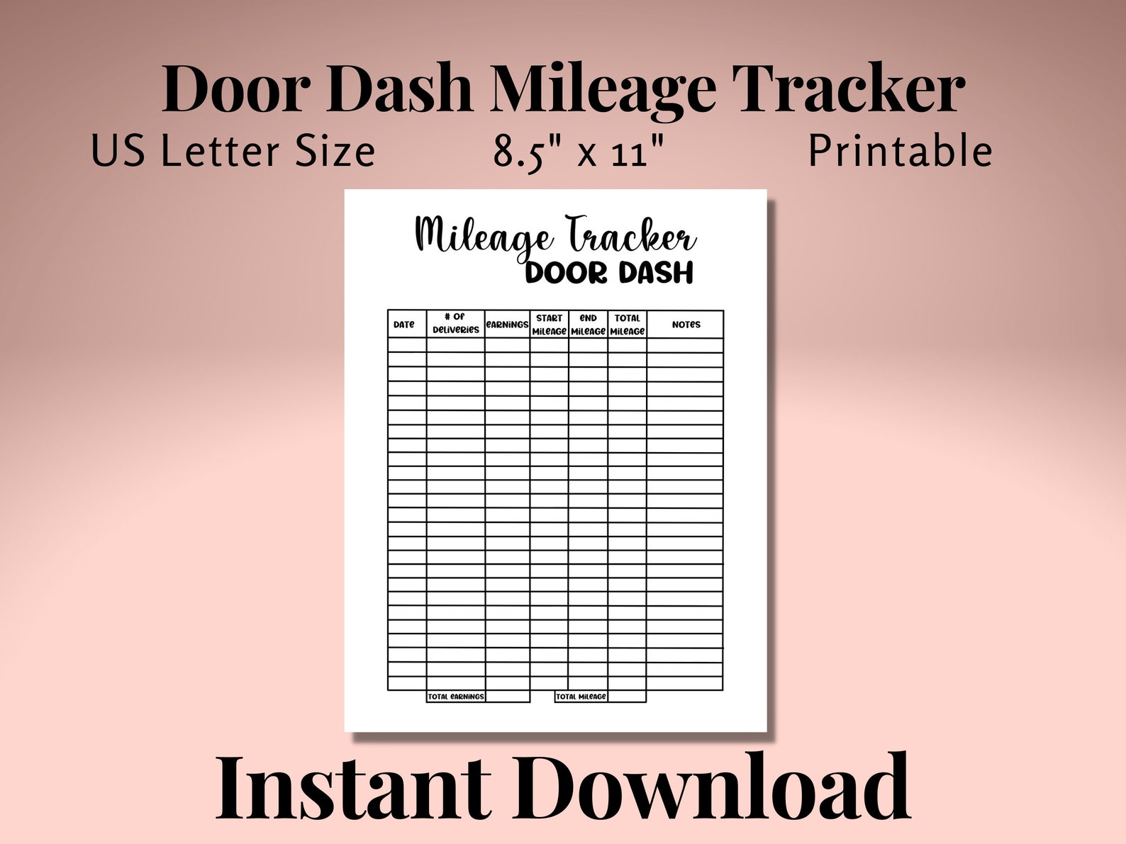 Door Dash Mileage Tracker Printable Log Book Planner Taxes Gig App