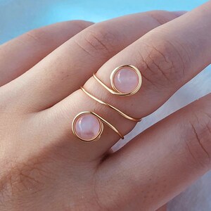 Rose Quartz Ring Adjustable Wire Wrapped Ring Double Gemstone Ring Wire Crystal Ring Rose Quartz ...