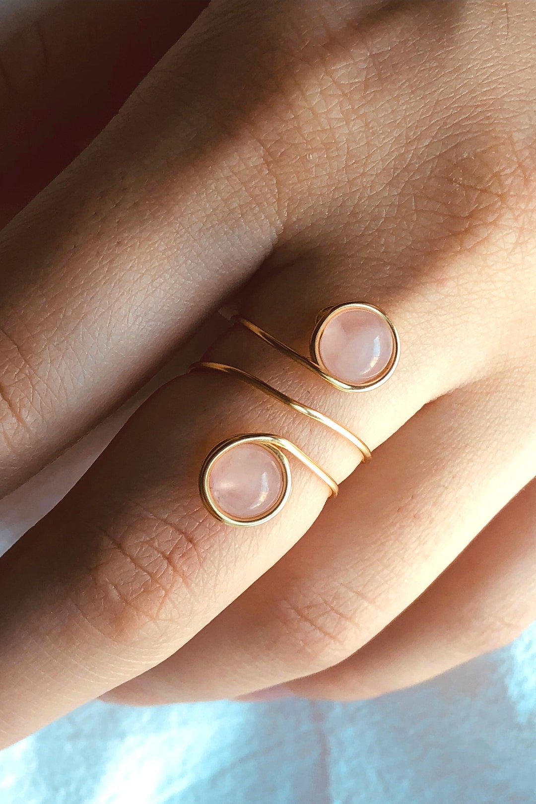 Rose Quartz Ring Adjustable Wire Wrapped Ring Double Gemstone Ring Wire Crystal Ring Rose Quartz ...