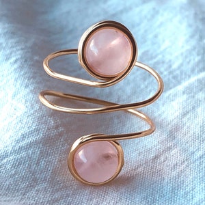 Rose Quartz Ring Adjustable Wire Wrapped Ring Double Gemstone Ring Wire Crystal Ring Rose Quartz ...