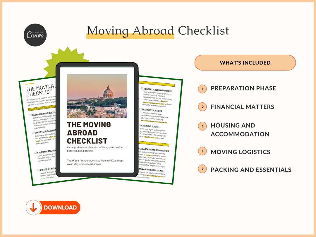 Moving Abroad Checklist Printable - Move Abroad Planning, Digital Nomad ...