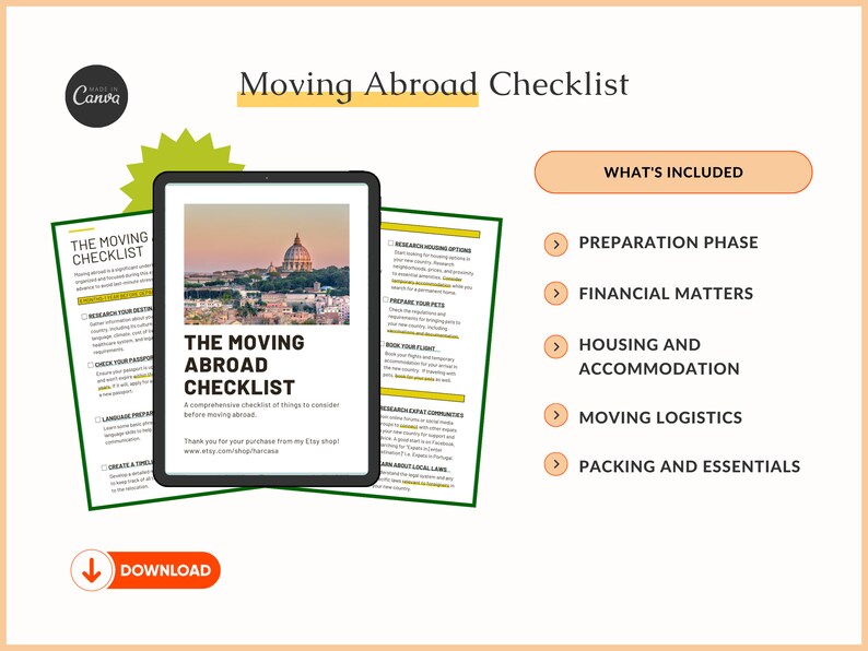 Moving Abroad Checklist Printable - Move Abroad Planning, Digital Nomad ...
