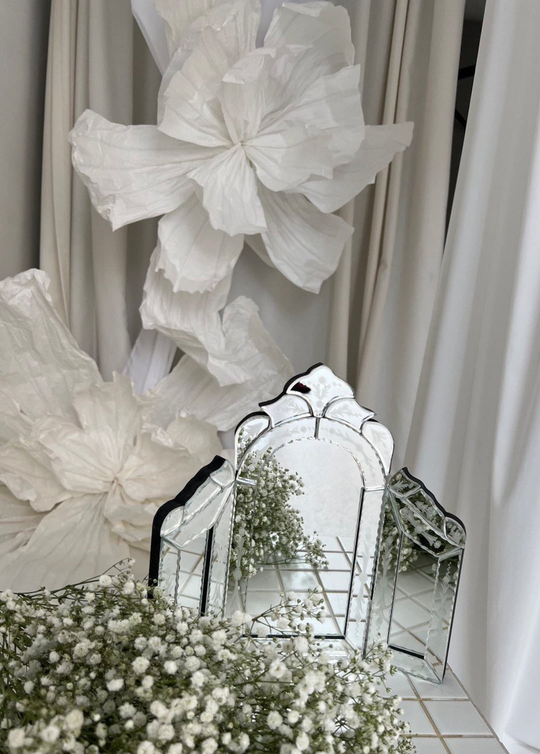 Antique Venetian Style Trifold Mirror: Etched Beveled Glass, Tabletop ...