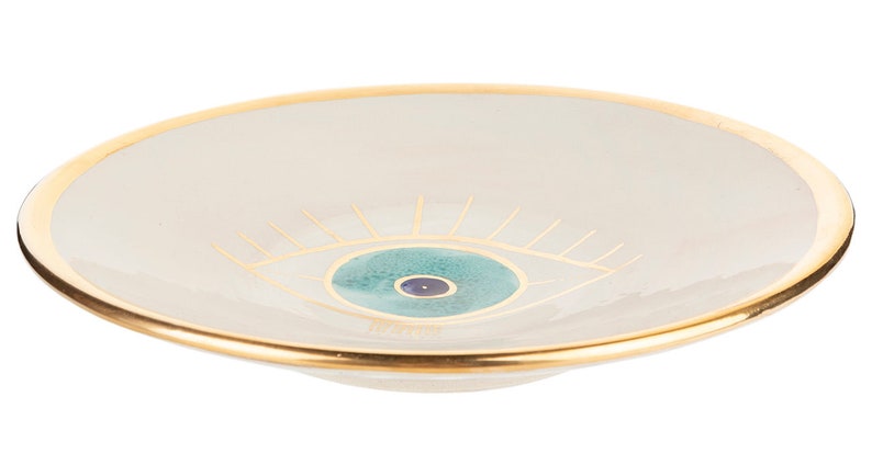 Evil Eye Plate: Gold Trim Porcelain Dish, Beige Turquoise Nazar - Etsy