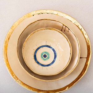 Handmade Evil Eye Gold Luster Ceramic Bowls, Beige and Turquoise Nazar ...