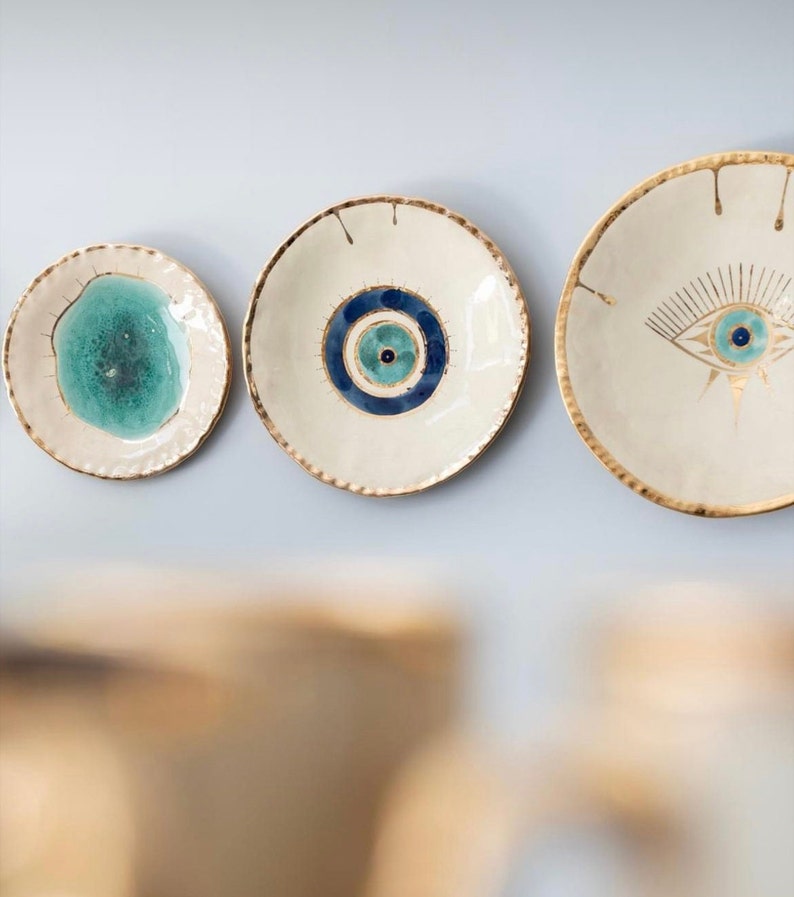 Evil Eye Plate: Gold Trim Porcelain Dish, Beige Turquoise Nazar - Etsy
