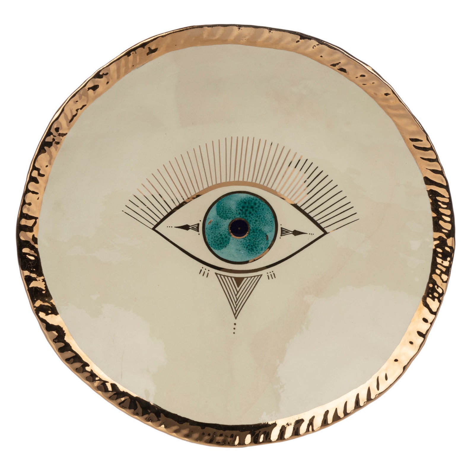 Evil Eye Plate: Gold Trim Porcelain Dish, Beige Turquoise Nazar - Etsy