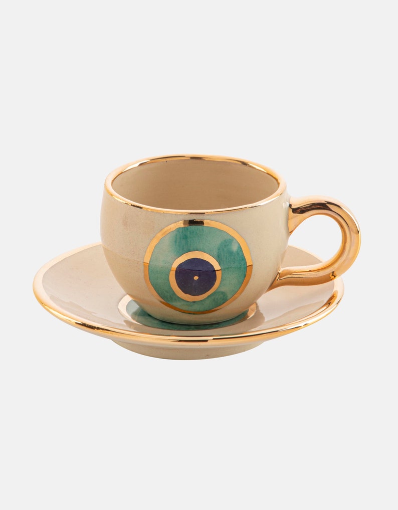Handmade Evil Eye Ceramic Cup and Saucer Set With 11k Gold - Etsy