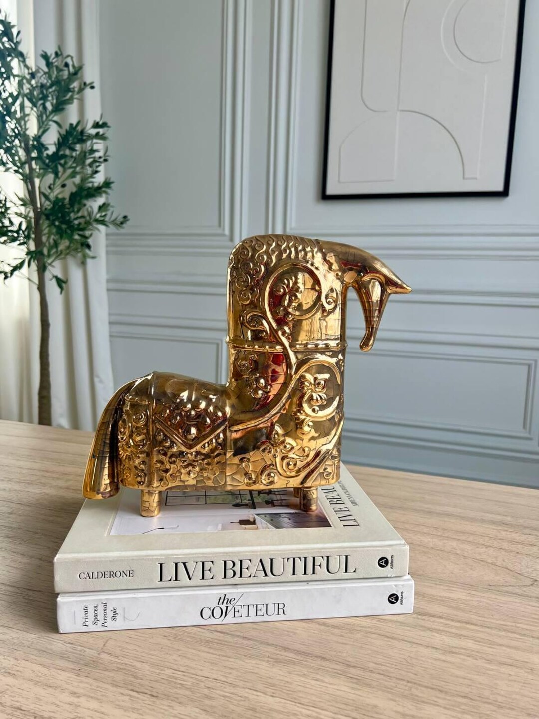 Modern Ceramic Gold Plated EMBOSSED HORSE SCULPTURE, Horse Figurine ...