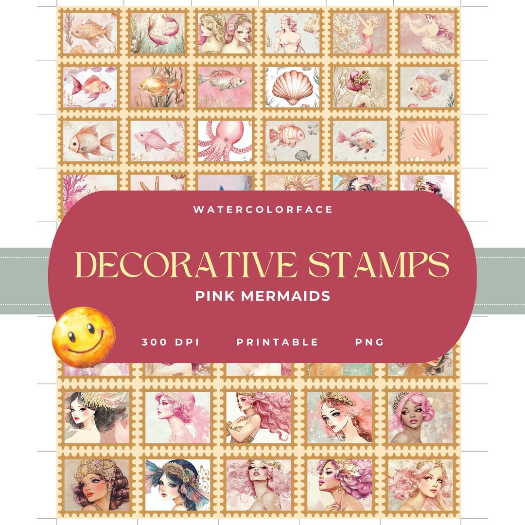Pink Mermaid Underwater Printable HORIZONTAL Decorative Stamps | Ocean ...