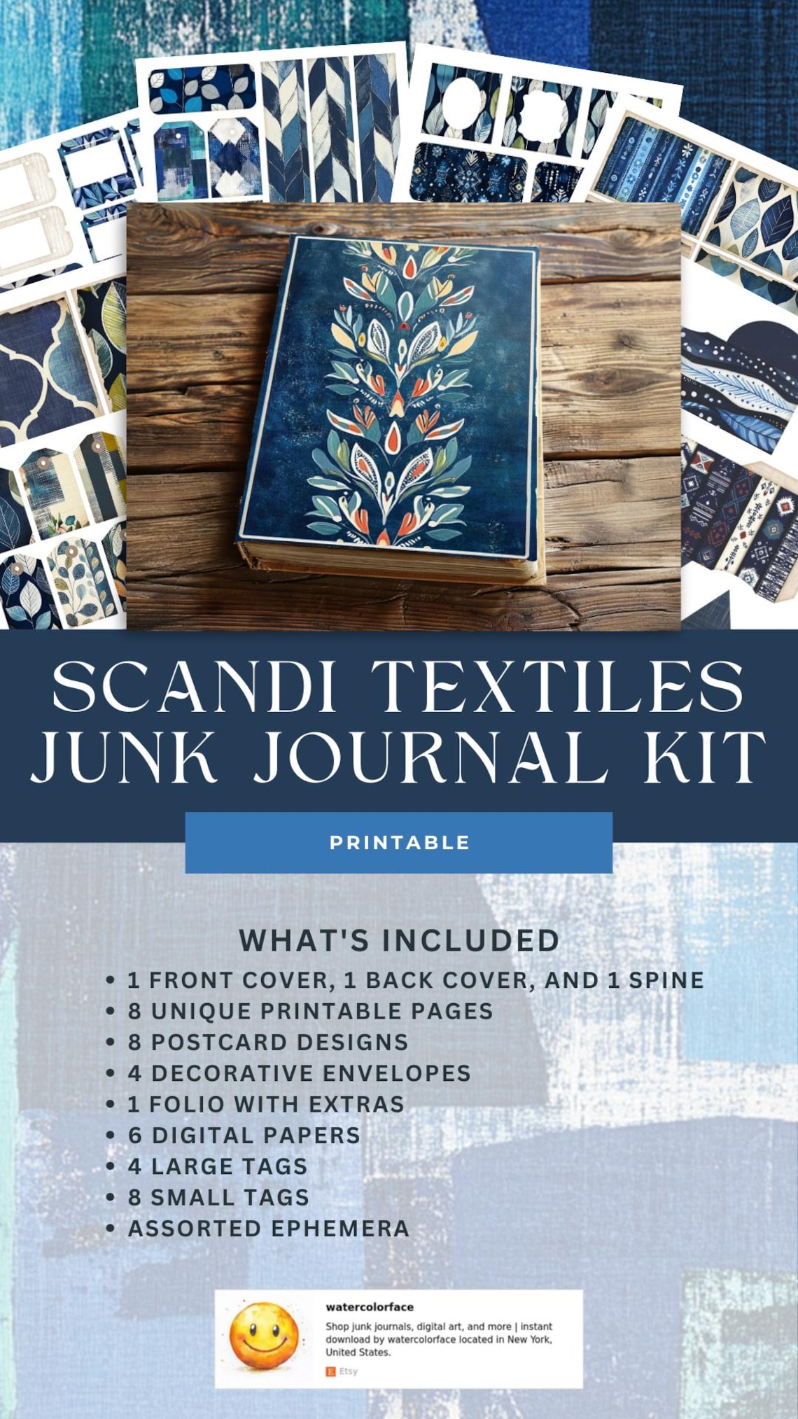 Scandinavian Blue Textiles Printable Junk Journal Kit, Digital Papers ...
