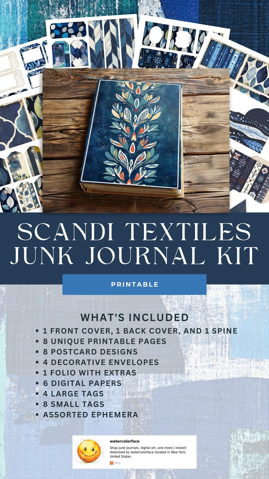 Scandinavian Blue Textiles Printable Junk Journal Kit, Digital Papers ...