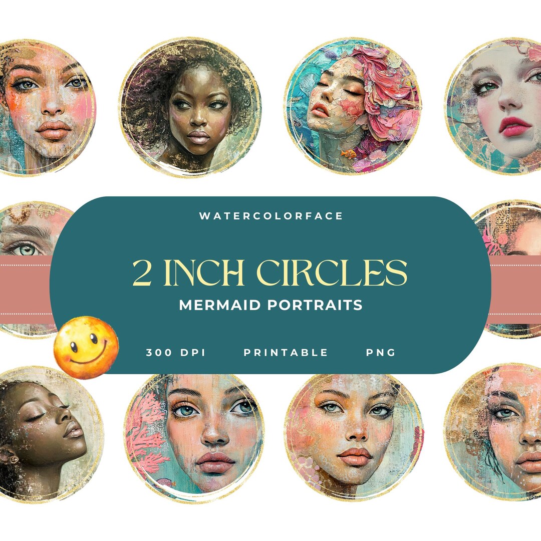 Printable Pink Mermaid Portraits | 2 Inch Circles, Junk Journal ...