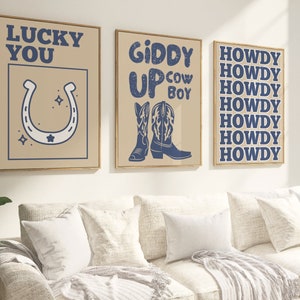 Western Prints Set of 3 Western Wall Art Wild West Print Blue Retro ...