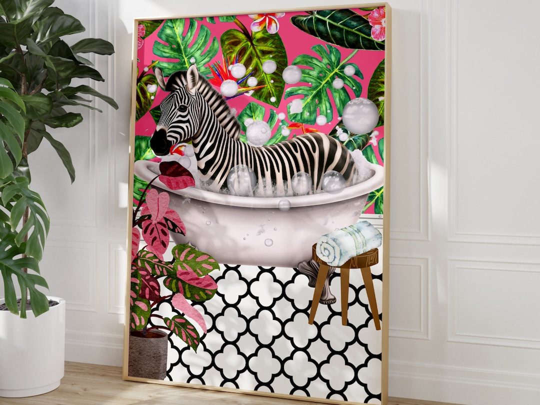 Zebra in Bathtub Botanical Animal Print, Maximalist Animal in Bath Wall ...