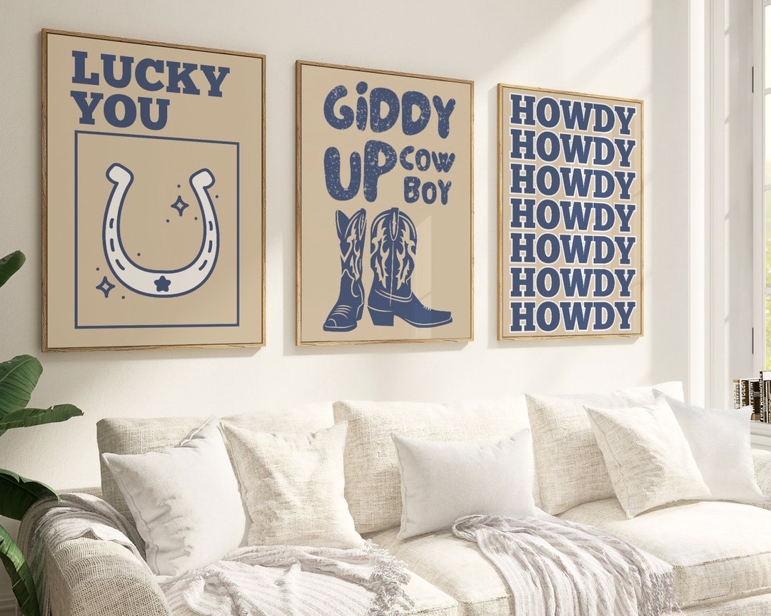 Western Prints Set of 3 Western Wall Art Wild West Print Blue Retro ...