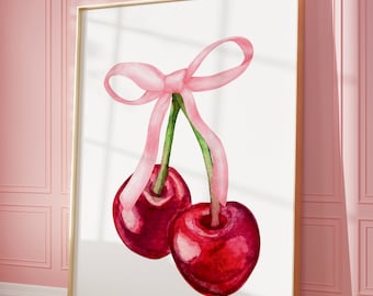 Cherry Wall Art Print, Printable Feminine Poster, Coquette Pink Bow Soft Girl Bedroom Decor ...