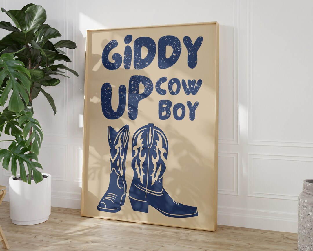 Blue Western Print Retro Western Wand Kunst Wild West Print Blau Retro ...