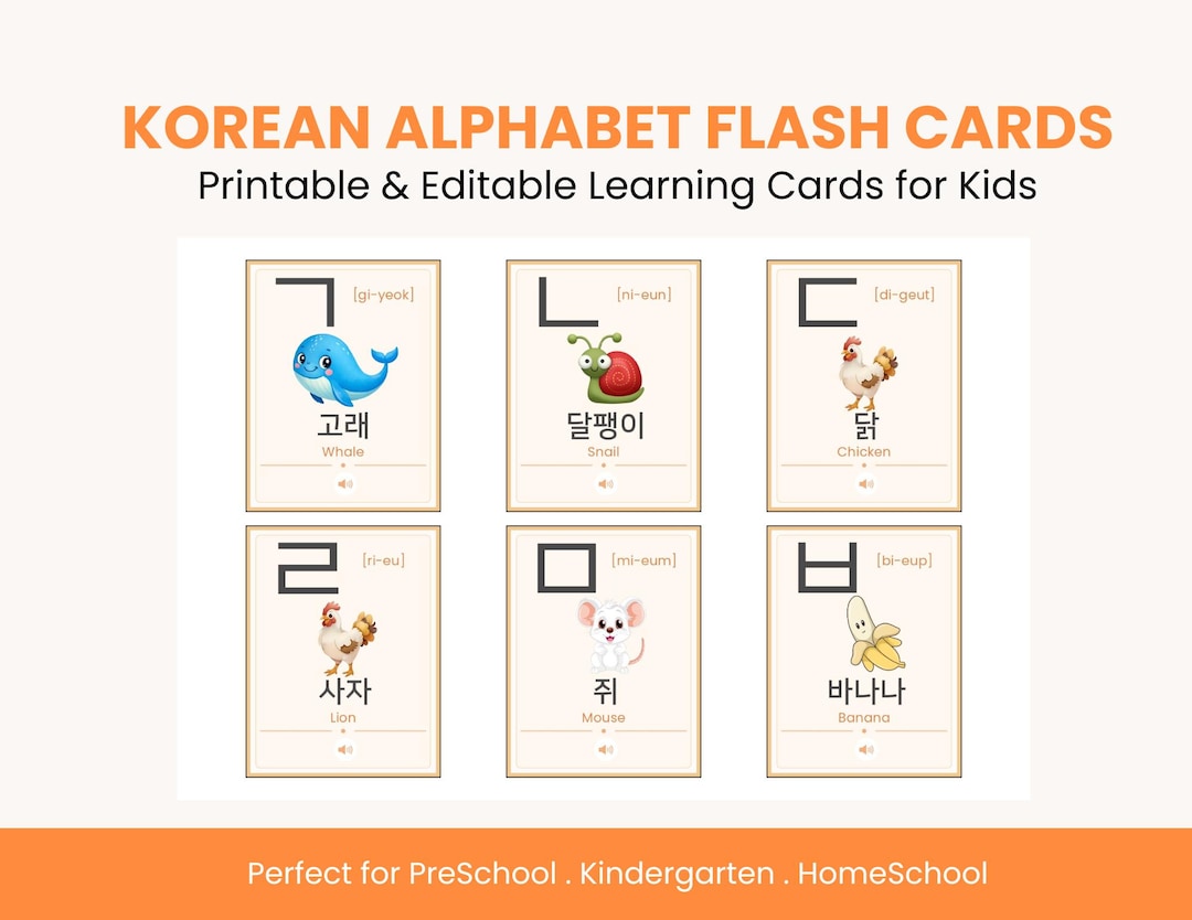 Korean Alphabet Flash Cards for Kids | Learn Korean Cards | Editable ...