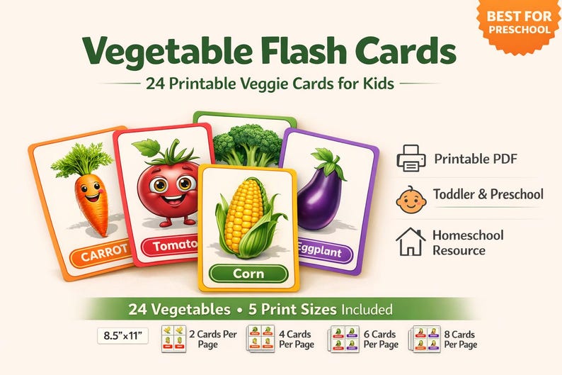 Vegetable Flash Cards Printable for Kids | Montessori Vegetables ...