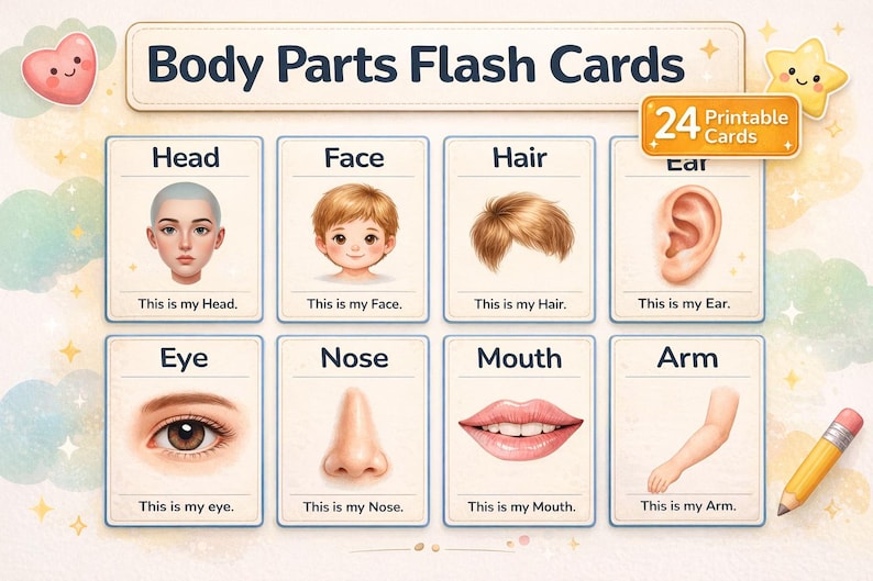 Human Body Parts Flash Cards | Montessori Preschool Anatomy Learning ...
