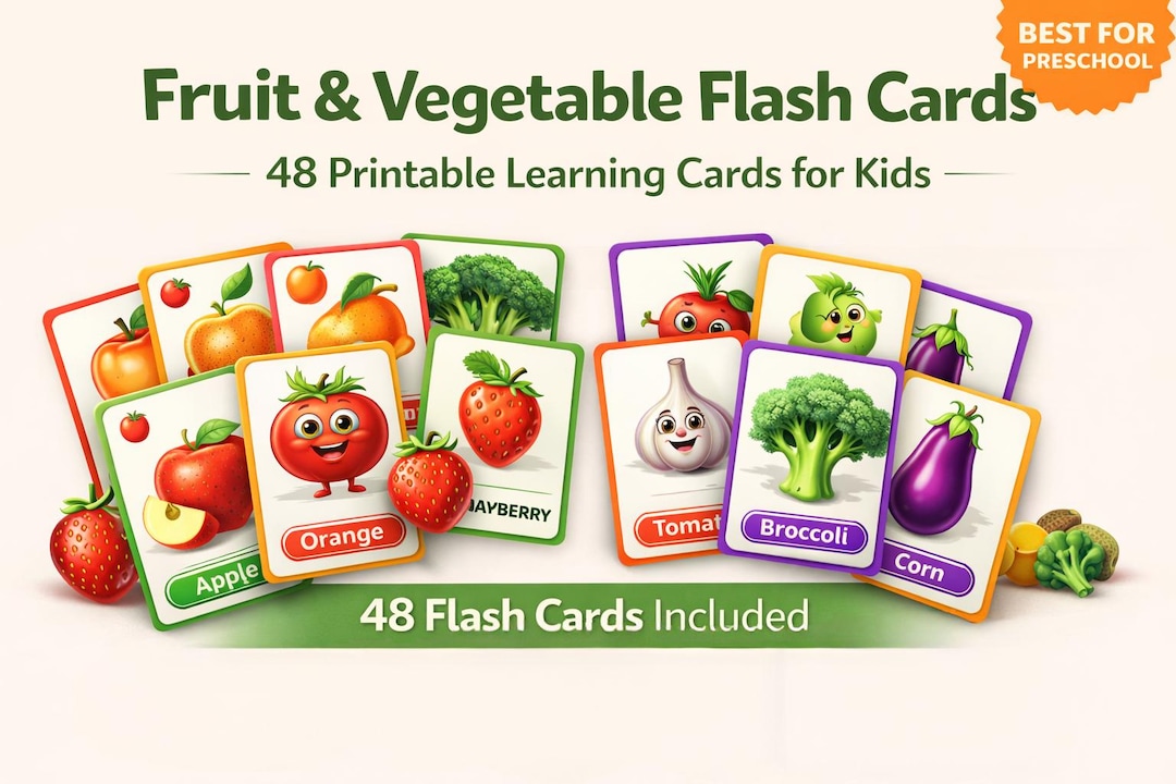 Fruit and Vegetables Flashcards | 48 Toddler Learning Cards | Preschool ...