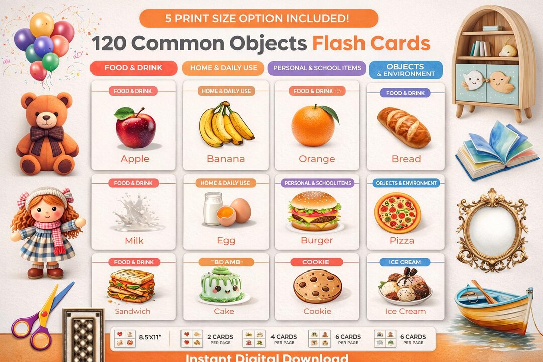 120 Common Objects Flashcards | Montessori Preschool Vocabulary ...