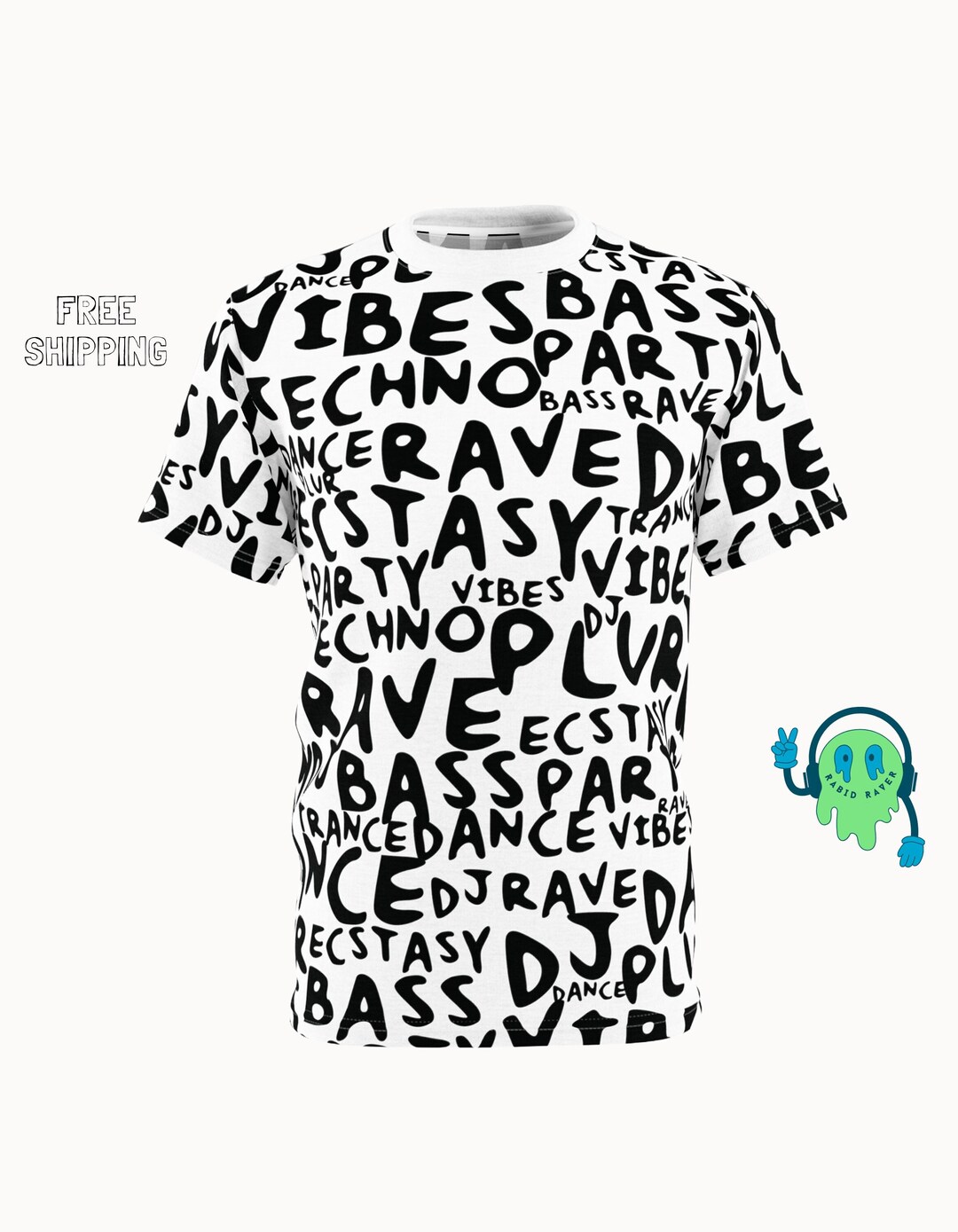 WHITE Rave Words Oversized Graphic Tee, Underground Electronic EDM ...