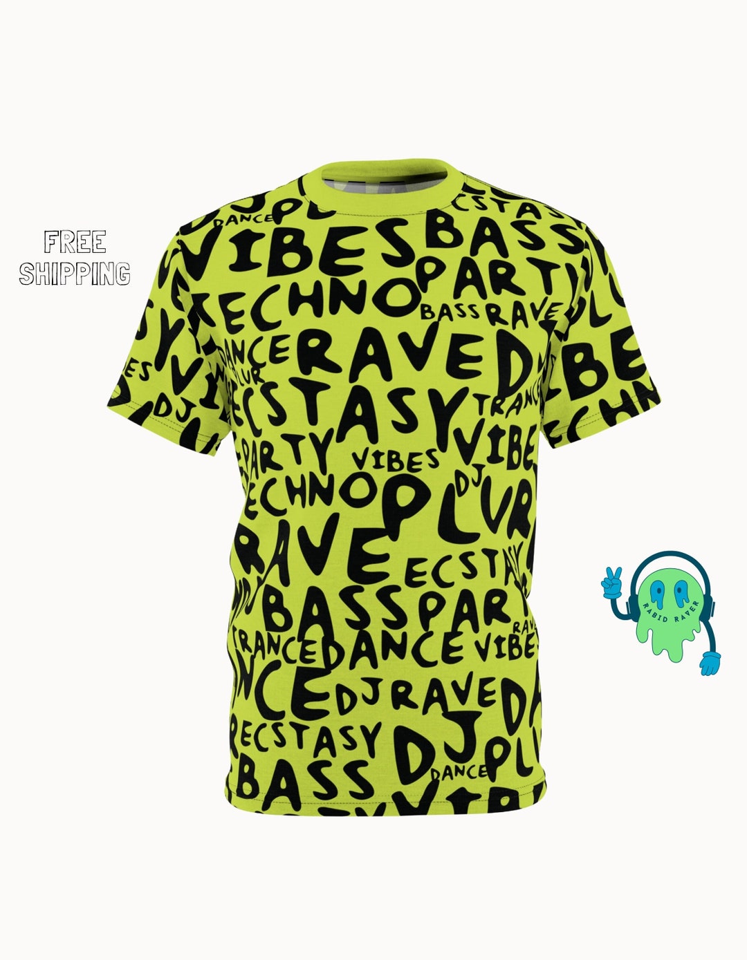 Yellow Green RAVE LIFESTYLE Graphic Tee, Rave Culture Printed Words T ...