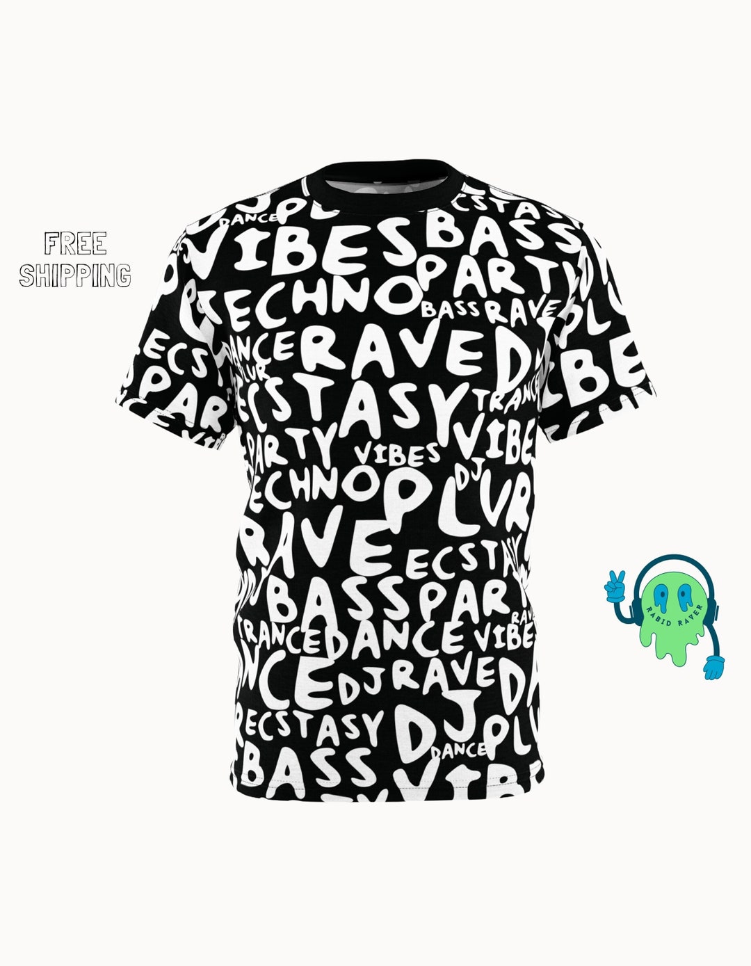 BLACK Rave Culture Words All Over Print Shirt, Funky Cool Rave Shirt ...