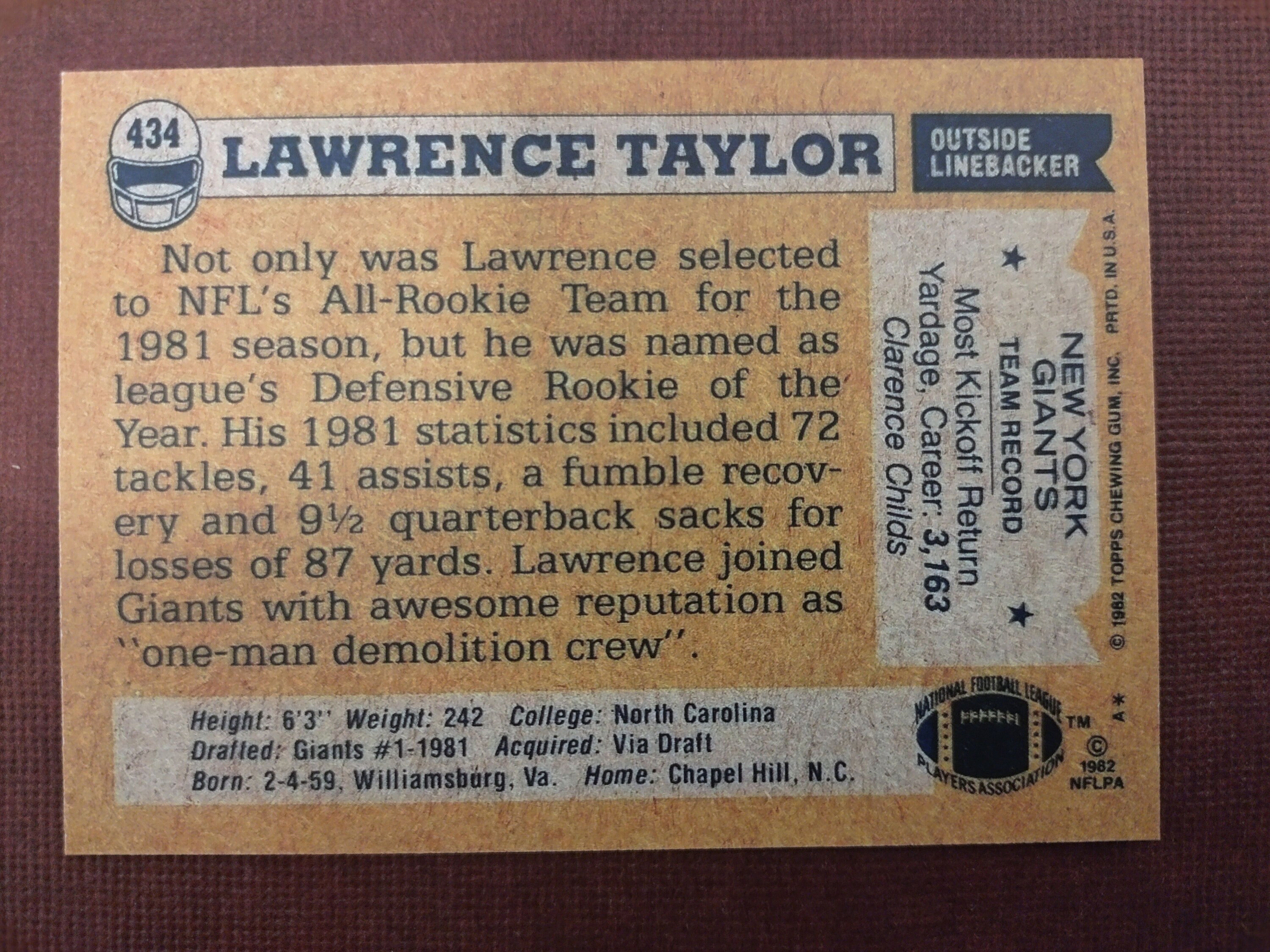 1982 Football Lawrence Taylor rookie Novelty Card New York Giants FREE ...