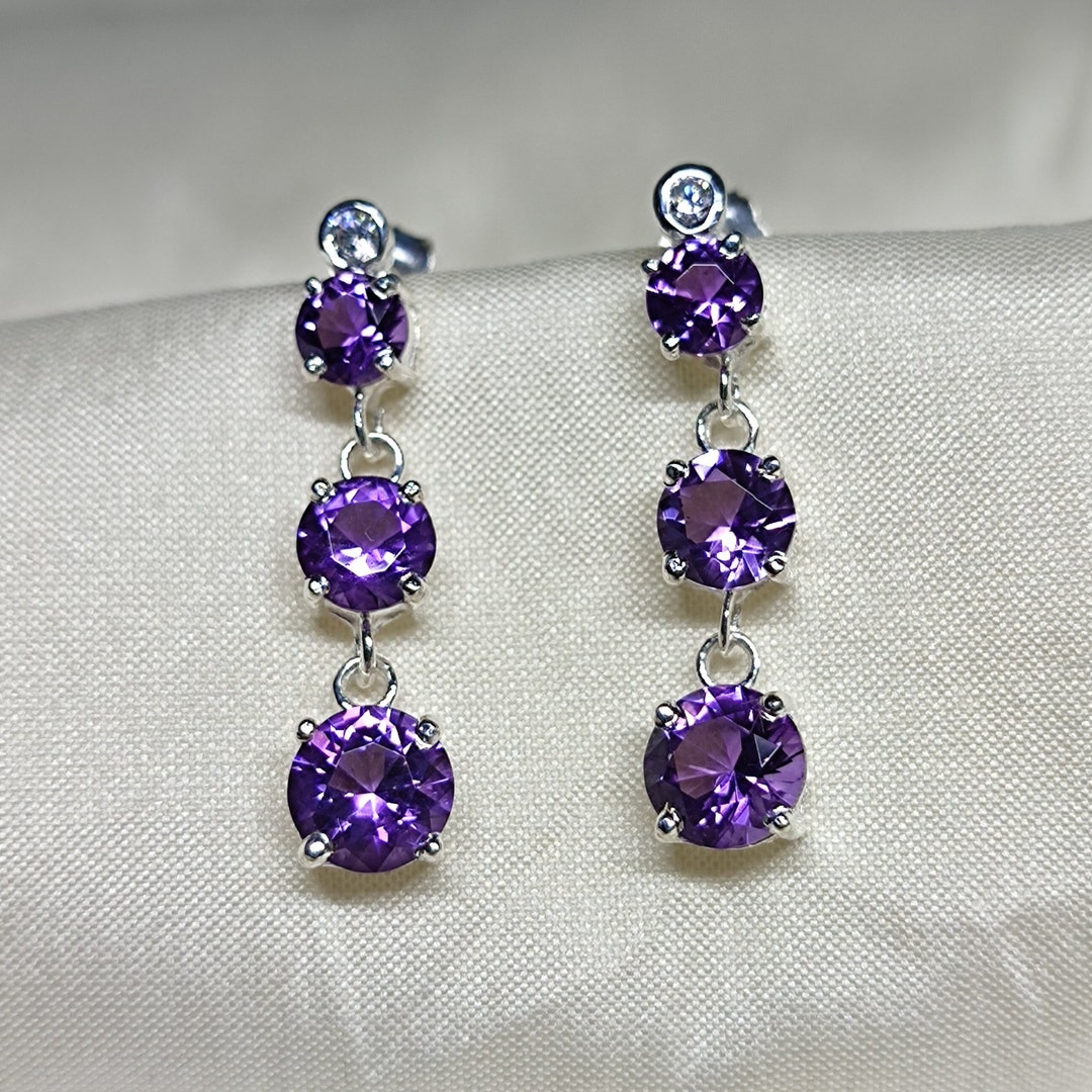 Natural Amethyst Earrings, Fantasy Cut, 3 Stones Earrings, 925 Sterling ...