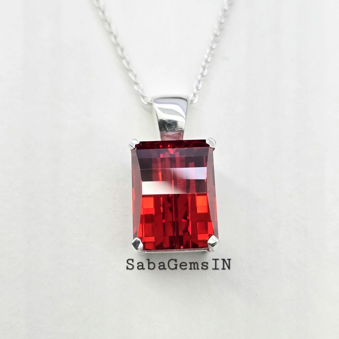 Red Cubic Zirconia Pixel Cut Gemstone Pendant, Fantasy Cut Stone, 925 ...