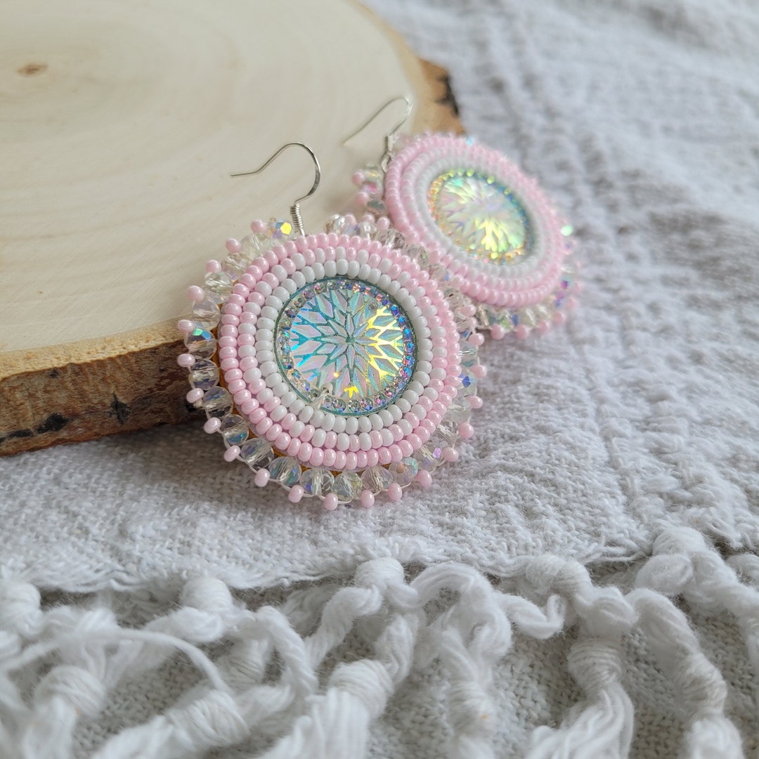 Pink Iridescent Beaded Earrings | Round Beaded Earrings - Etsy