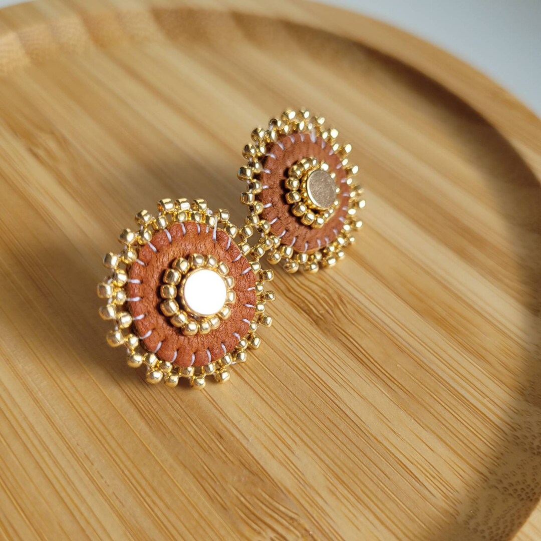 Round Beaded Earrings Gold & Leather Beaded Earrings - Etsy