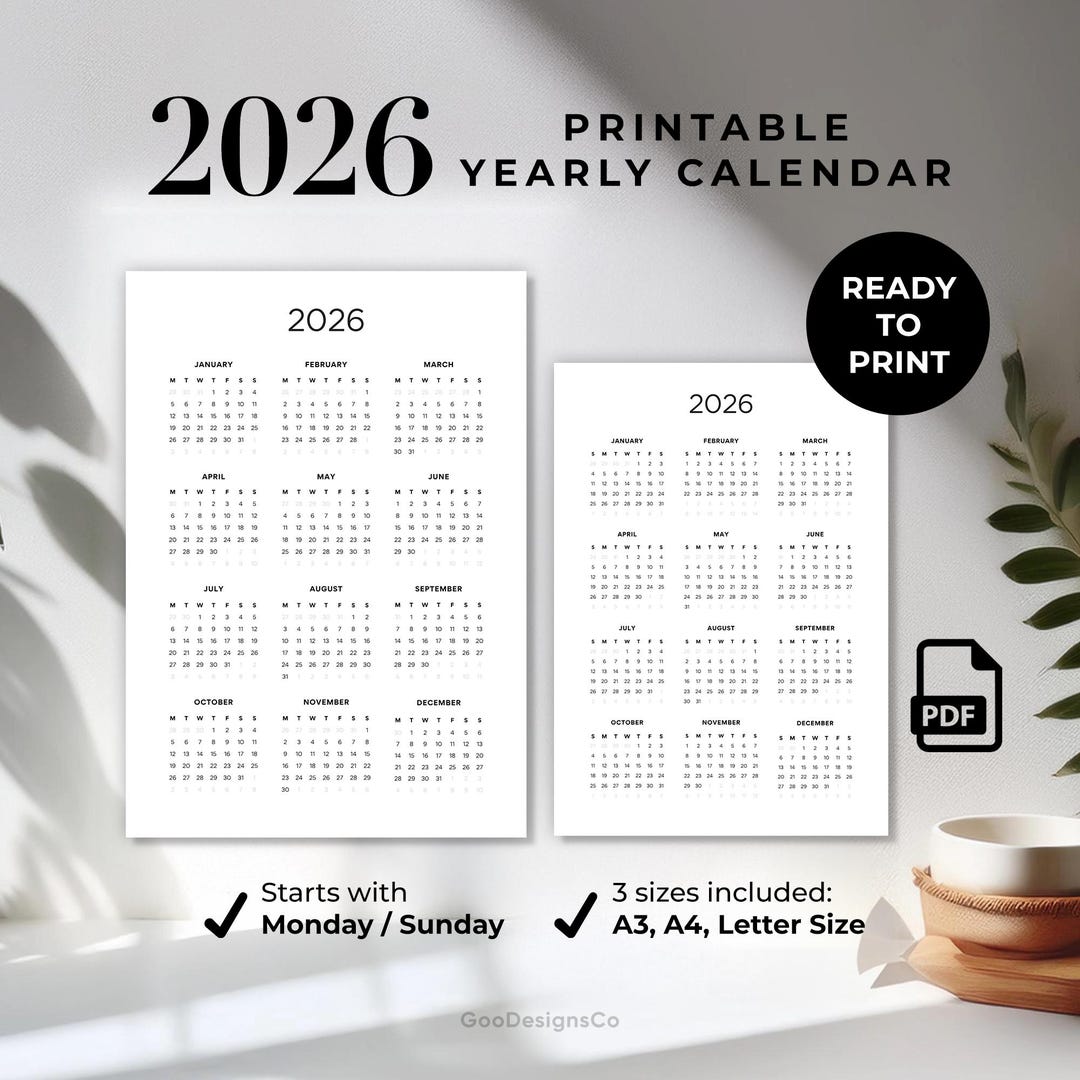 2026 Yearly Calendar Printable: Minimalist Wall Planner (PDF Download ...