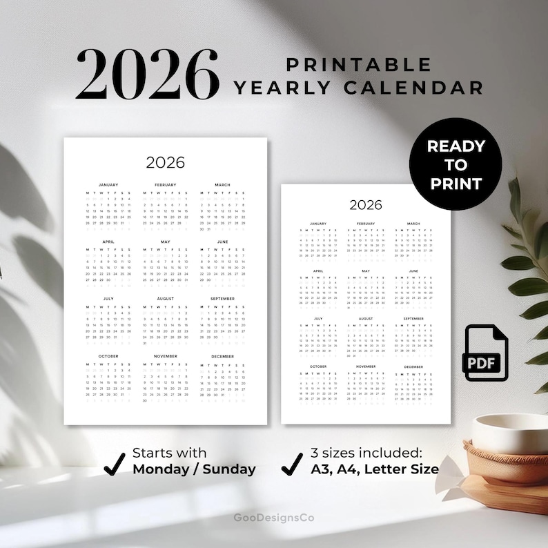 2026 Yearly Calendar Printable: Minimalist Wall Planner (PDF Download ...