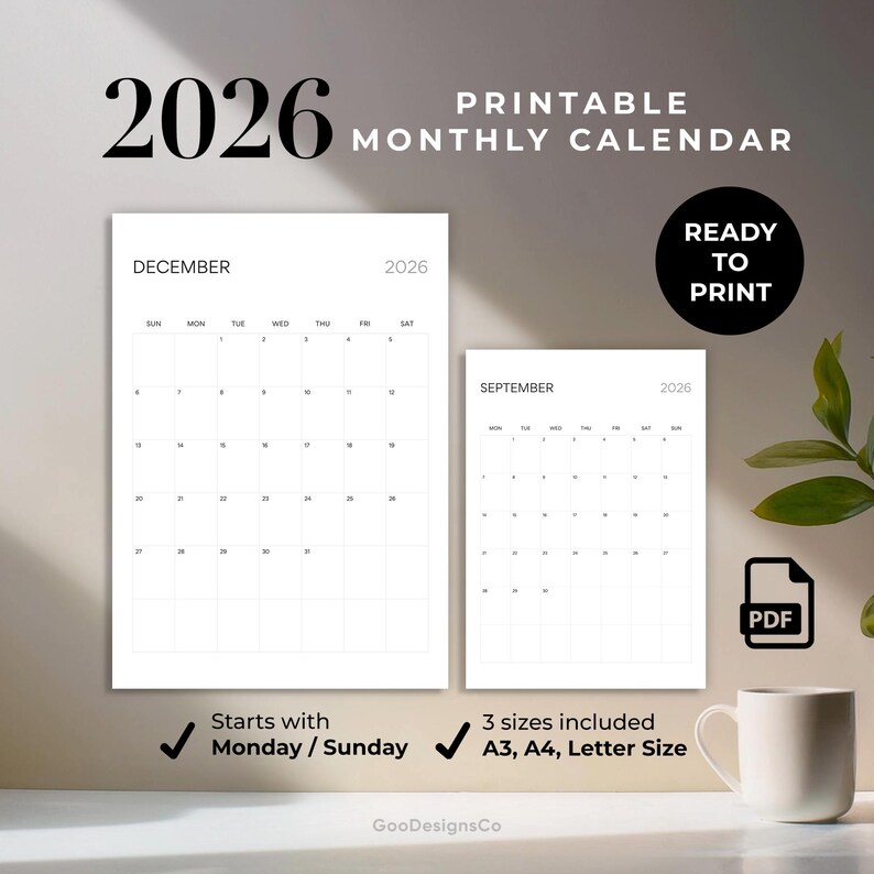 2026 Monthly Calendar Printable: Minimalist Planner (A3, A4, Letter PDF ...