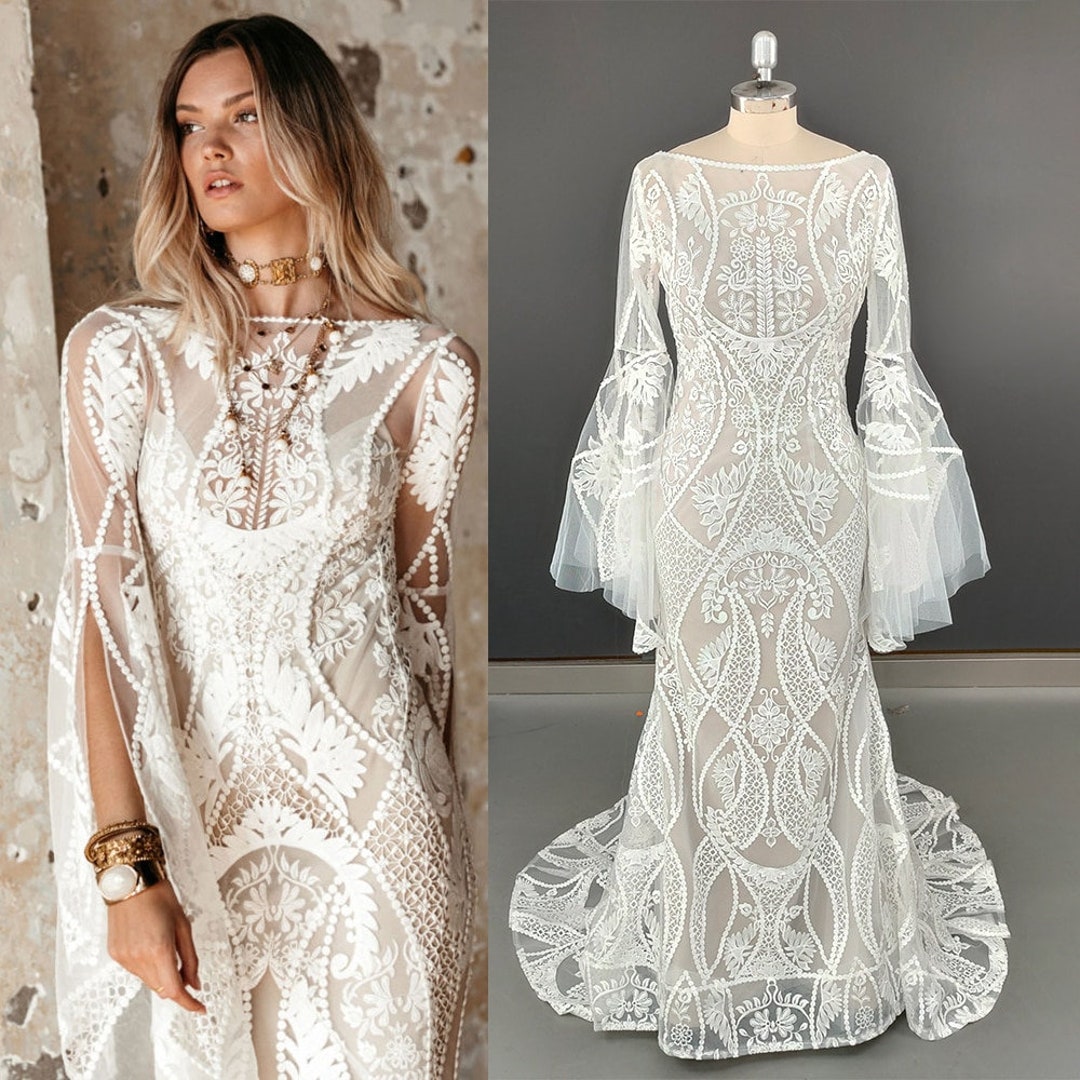 Luxury Boho Lace Wedding Dresses for Women,long Flare Split Sleeves Mermaid Wedding Gowns ...