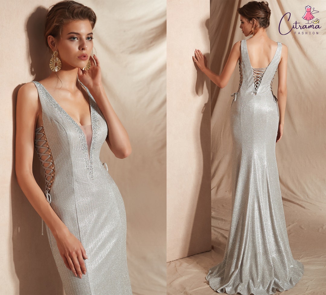 Silver Mermaid Prom Dressbackless Prom Dresses Fitted Longformal Evening Dress For Women