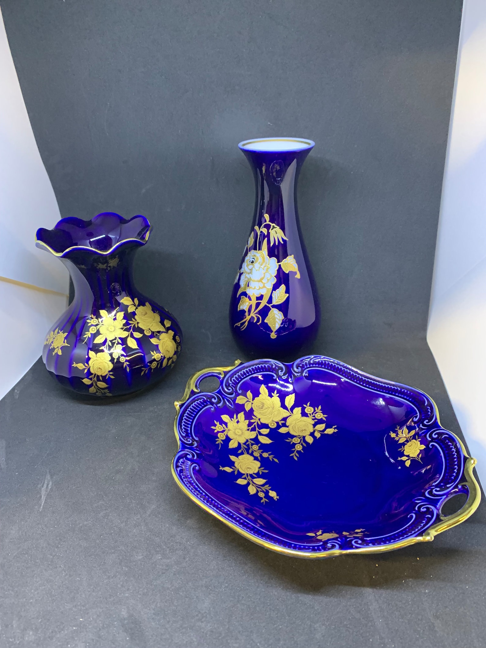Porzellan Lot 3 Pieces Bavaria Echt Kobalt Wunsiedel 24 Karat Gold ...