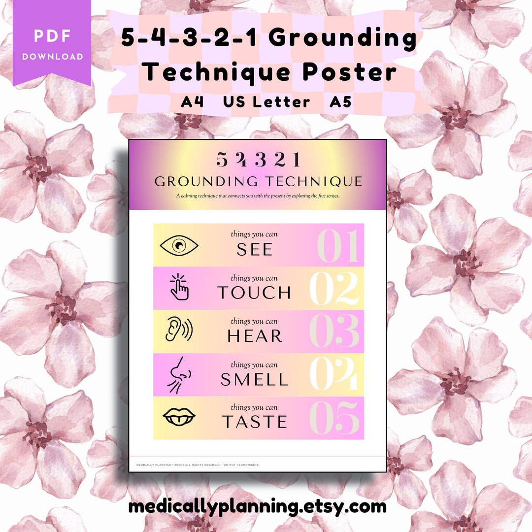 5-4-3-2-1 Grounding Technique Art Print | Mindfulness | Stress ...