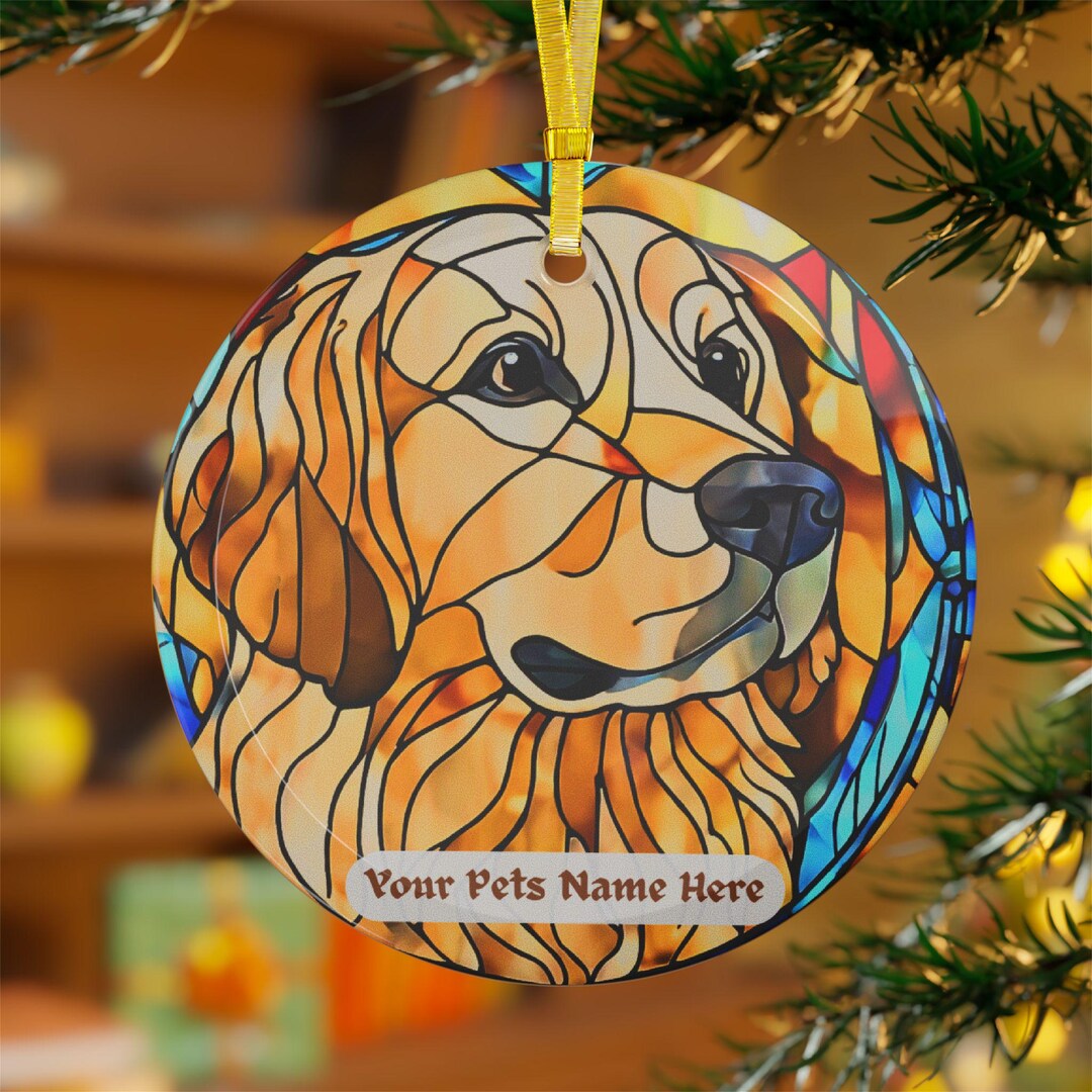 Personalized Golden Retriever Glass Ornament: Stained Glass Style Sun ...